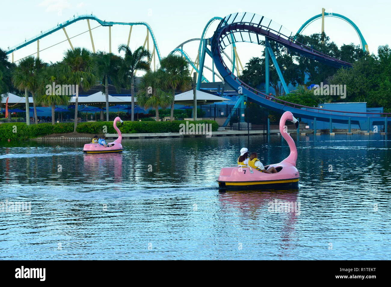 Orlando, Florida. September 29, 2018. People enjoying flamingo boat on ...