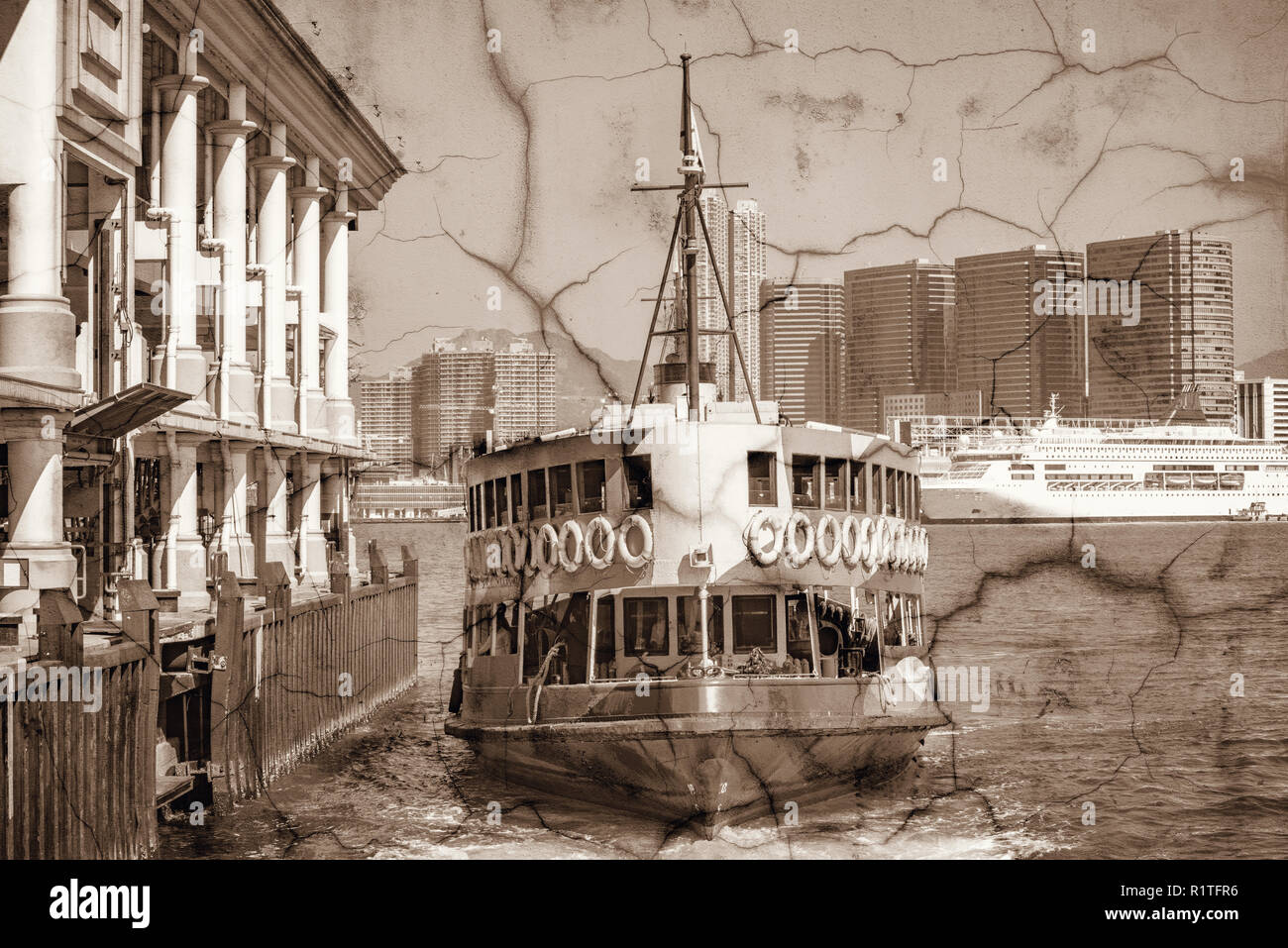 Old passenger ferry by the pier. Hong Kong. Vintage style image Stock ...