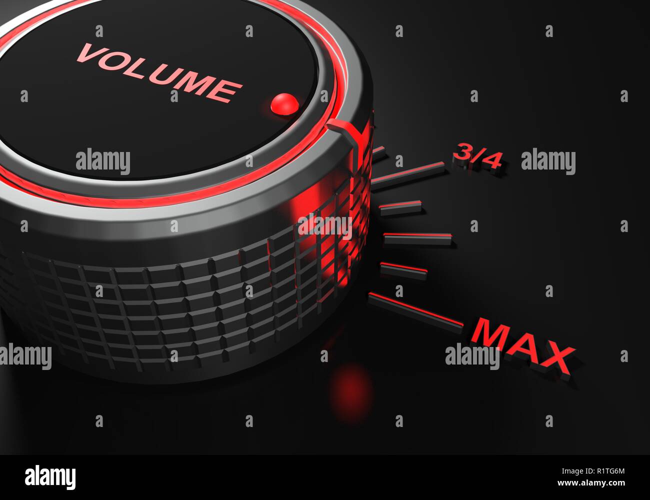 Volume metallic knob with red lighted parts, set to the maximum ...
