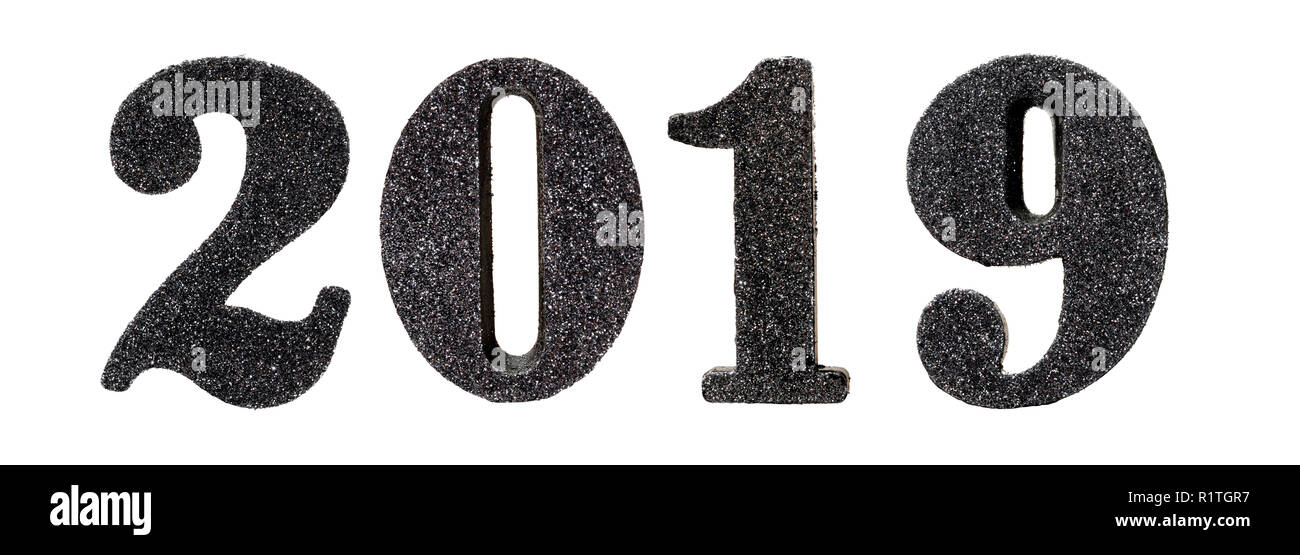 year 2019 numbers with glittering black flakes on white background ...
