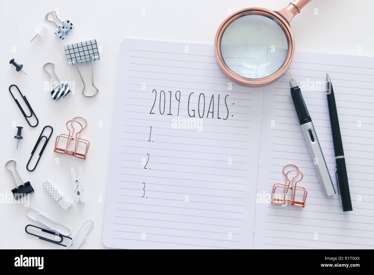 Top view 2019 goals list with notebook over wooden white desk Stock ...