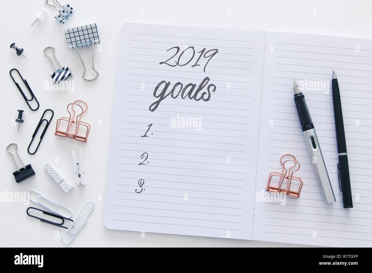 Top view 2019 goals list with notebook over wooden white desk Stock ...