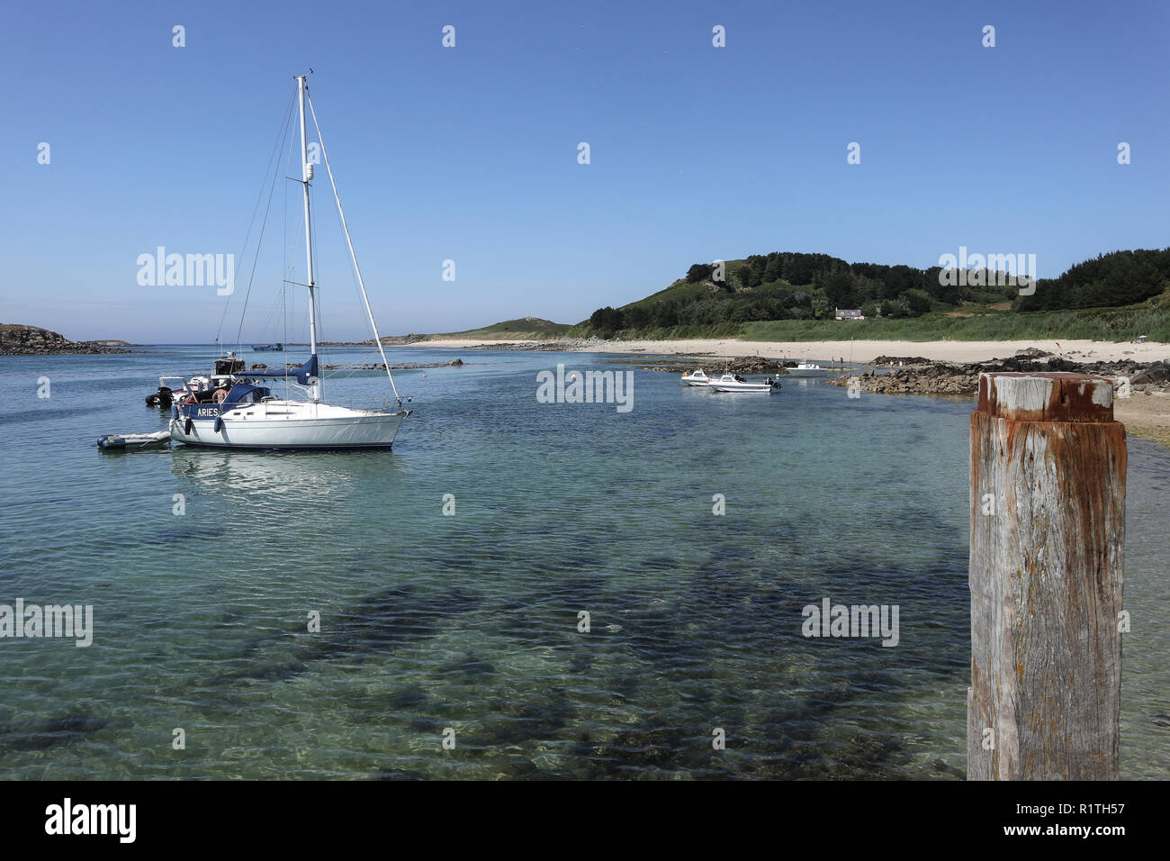 The harbour at Herm Island, Channel Islands, UK, Moored yacht Stock ...