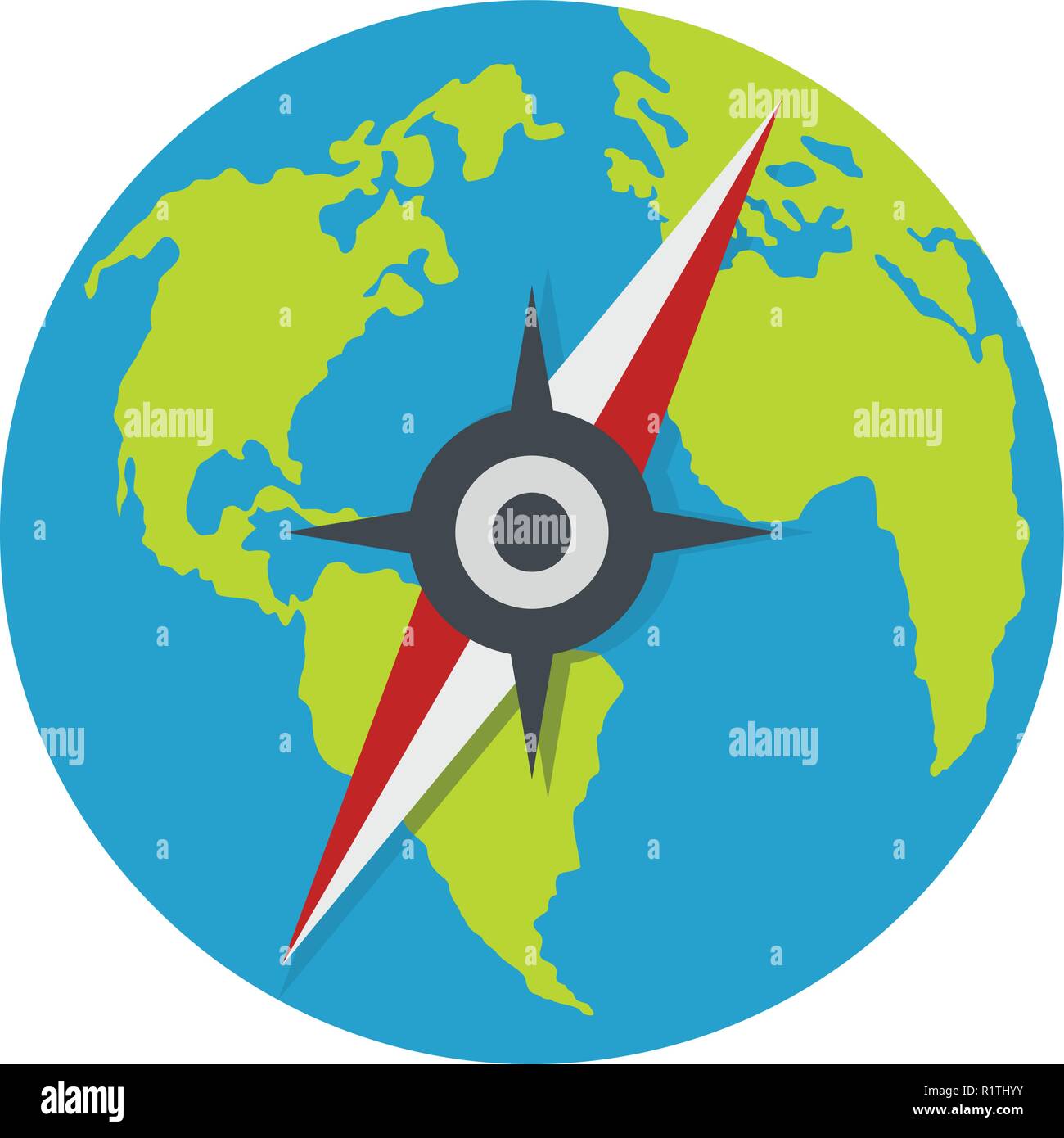 Compass on earth icon. Flat illustration of compass on earth vector ...
