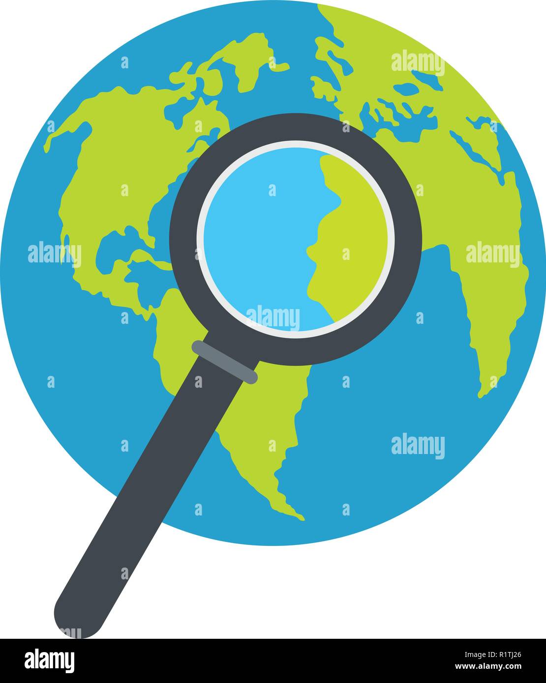 Magnifier on earth icon. Flat illustration of magnifier on earth vector ...