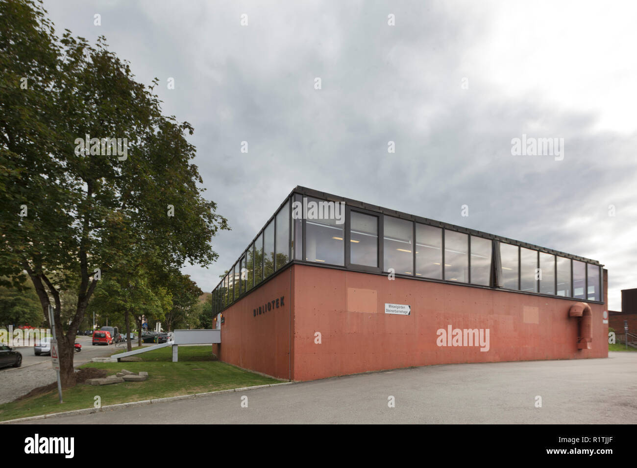Exterior view against cloudy sky. Deichman Library Boler, Oslo, Norway ...