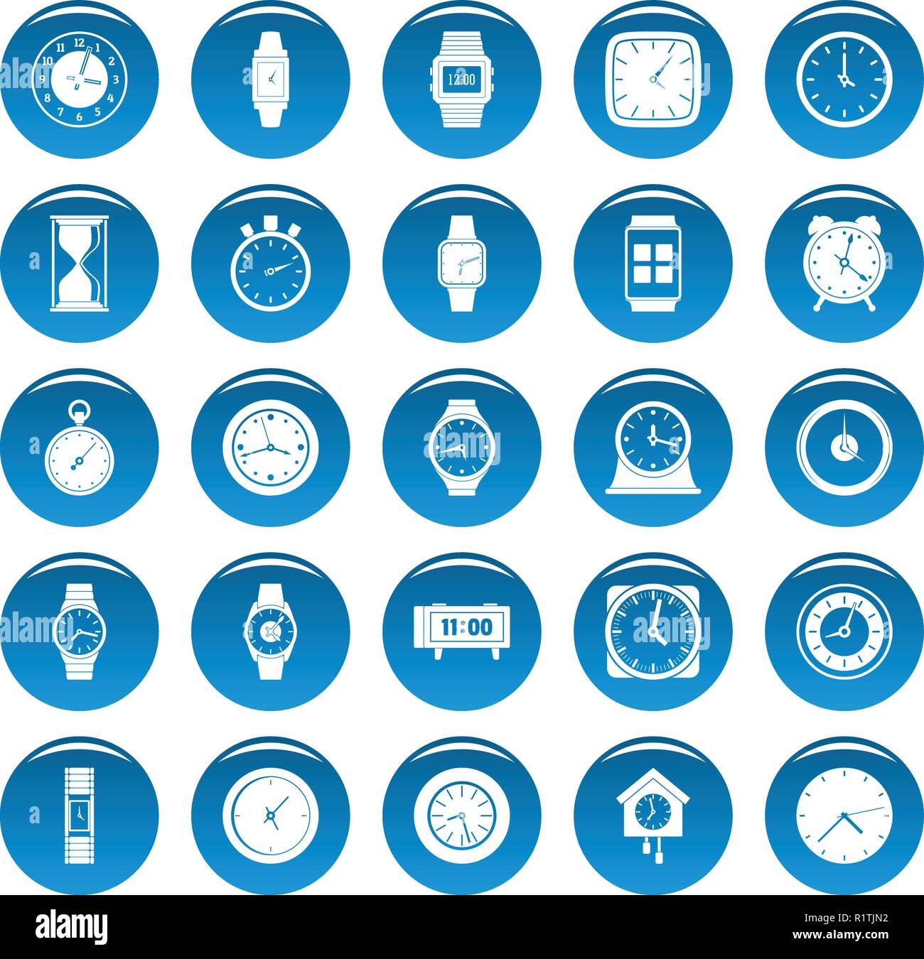 Time and clock icons set blue. Simple illustration of 25 time clock ...