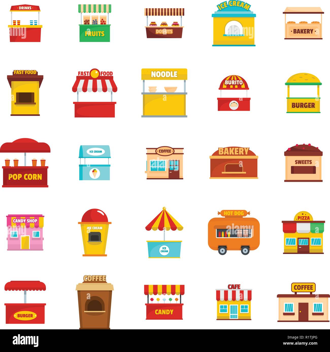 Street food kiosk icons set. Flat illustration of 25 street food kiosk ...