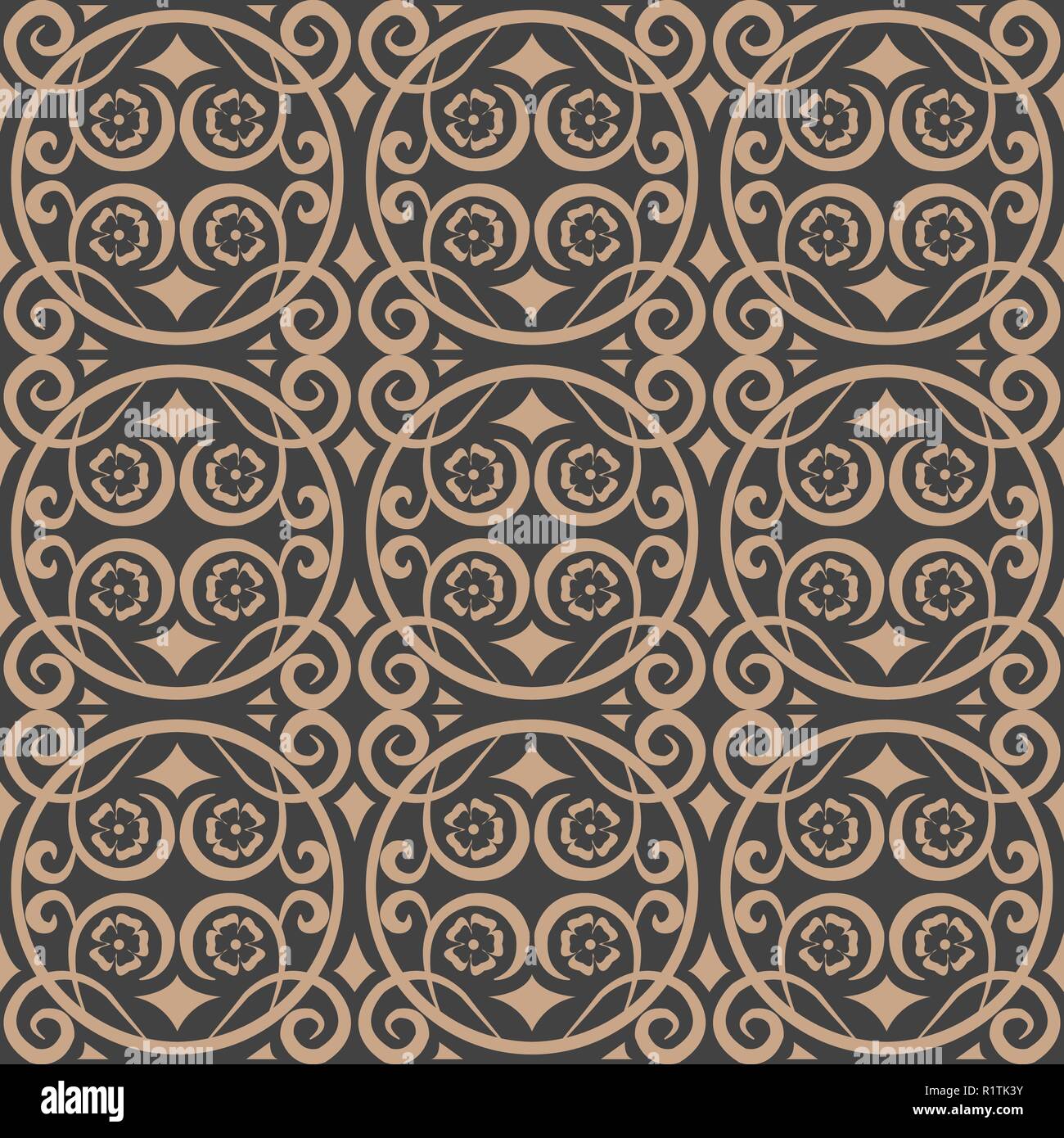 Vector damask seamless retro pattern background spiral curve cross frame vine flower. Elegant ...