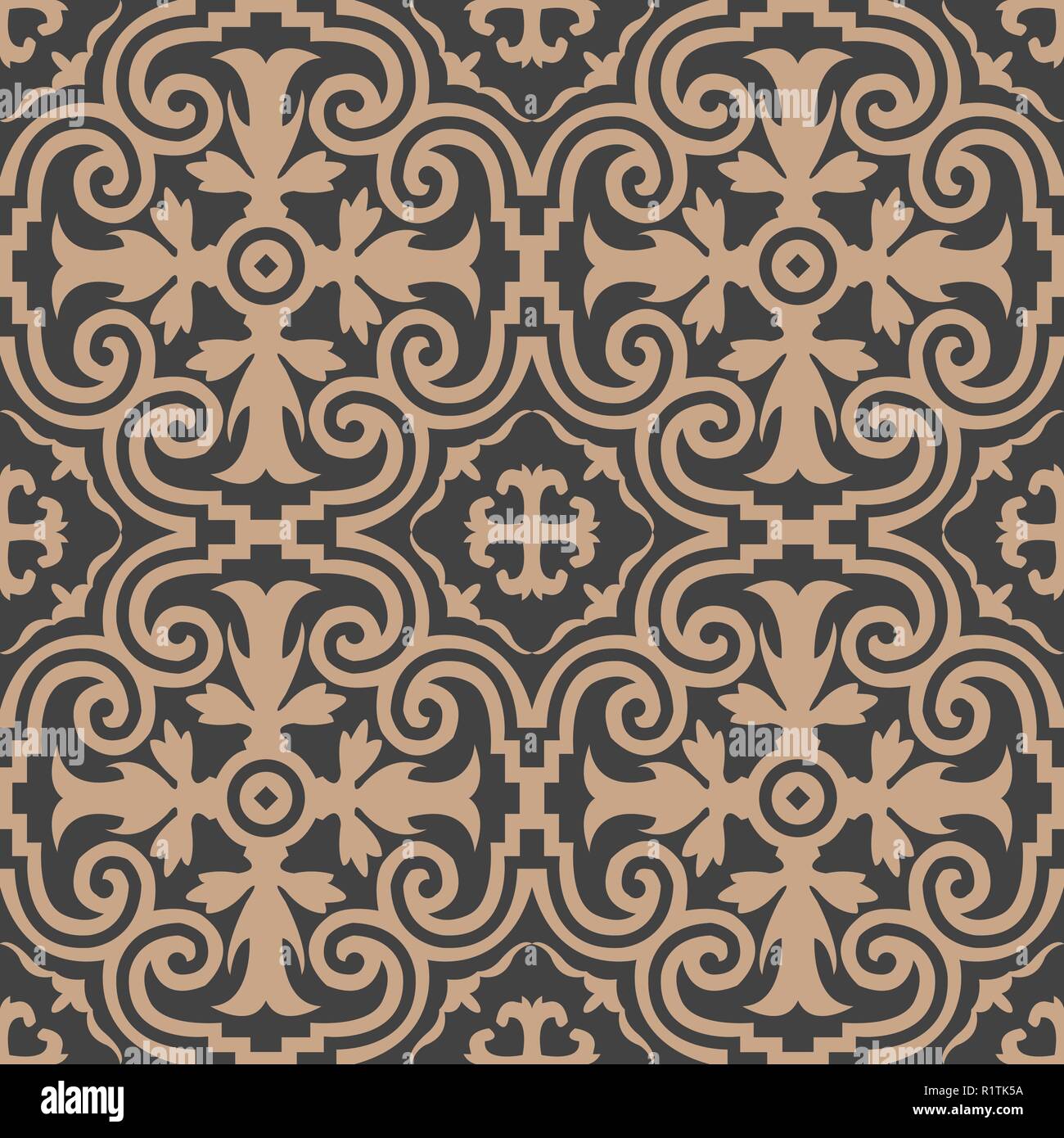 Vector damask seamless retro pattern background spiral vortex cross vine frame flower. Elegant ...