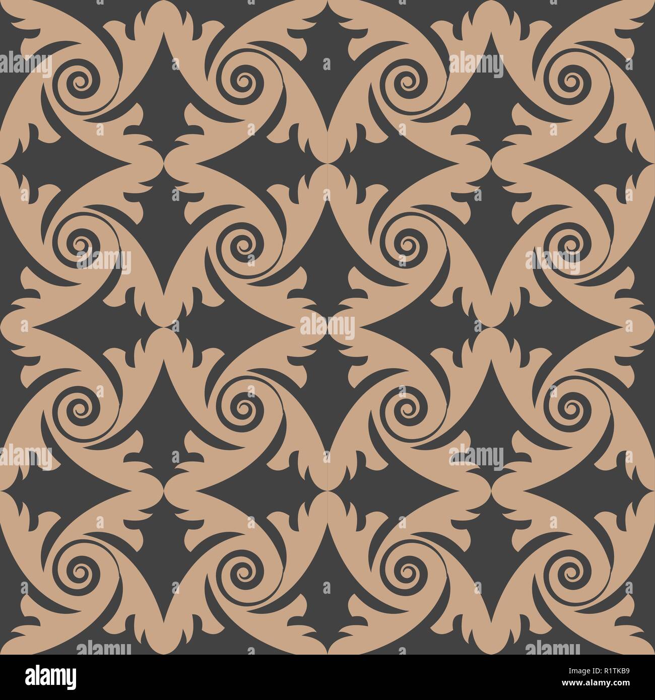 Vector damask seamless retro pattern background spiral vortex curve cross feather plant. Elegant ...