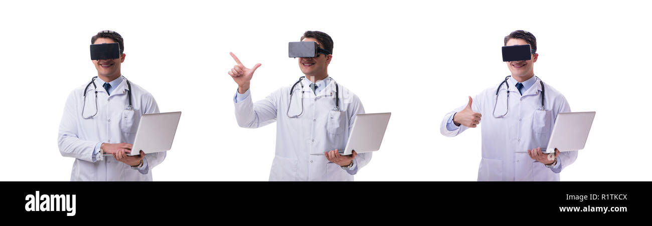 Doctor wearing a vr virtual reality headset isolated on white ...