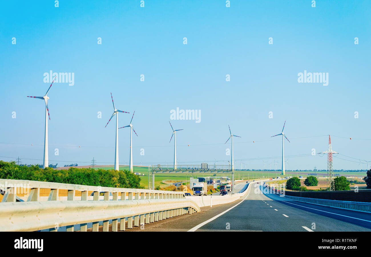 Wind mills at highway road in South Moravia, Czech Republic Stock Photo ...