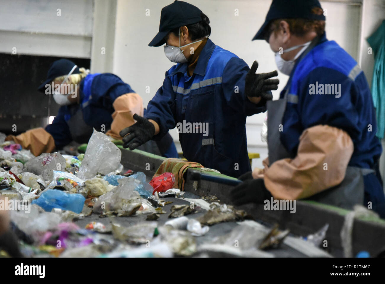 Manual waste sorting line at the mixed-waste processing facility in ...
