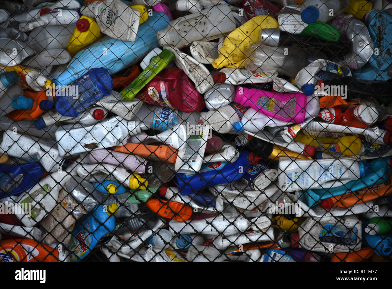 Pressed plastic waste cubes for recycling at the Mixed-waste processing ...