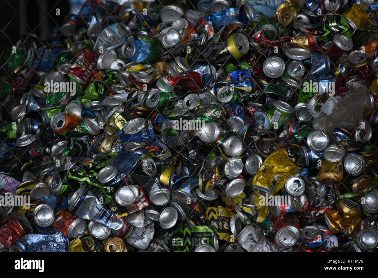 Pressed cubes of cans for recycling at the waste segregation station in ...
