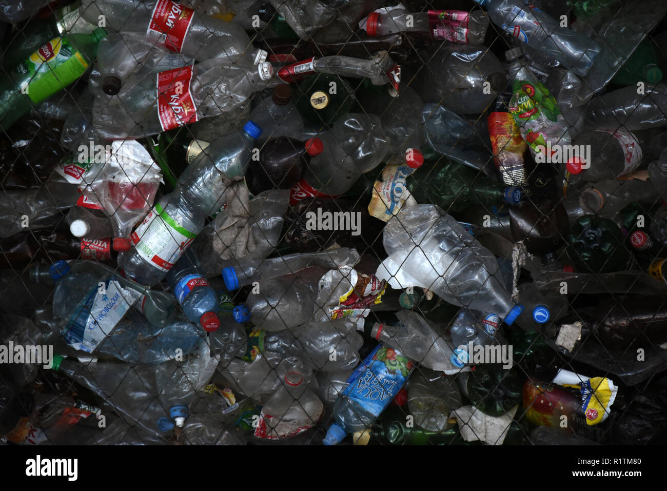 Pressed plastic waste cubes for recycling at the Mixed-waste processing ...