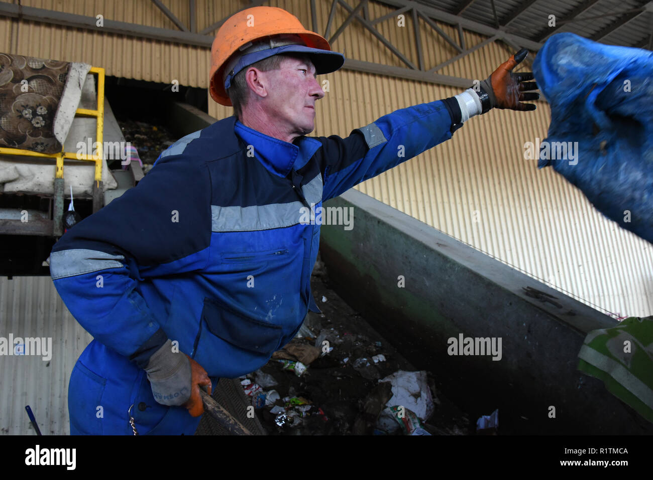 Manual waste sorting line at the mixed-waste processing facility in ...