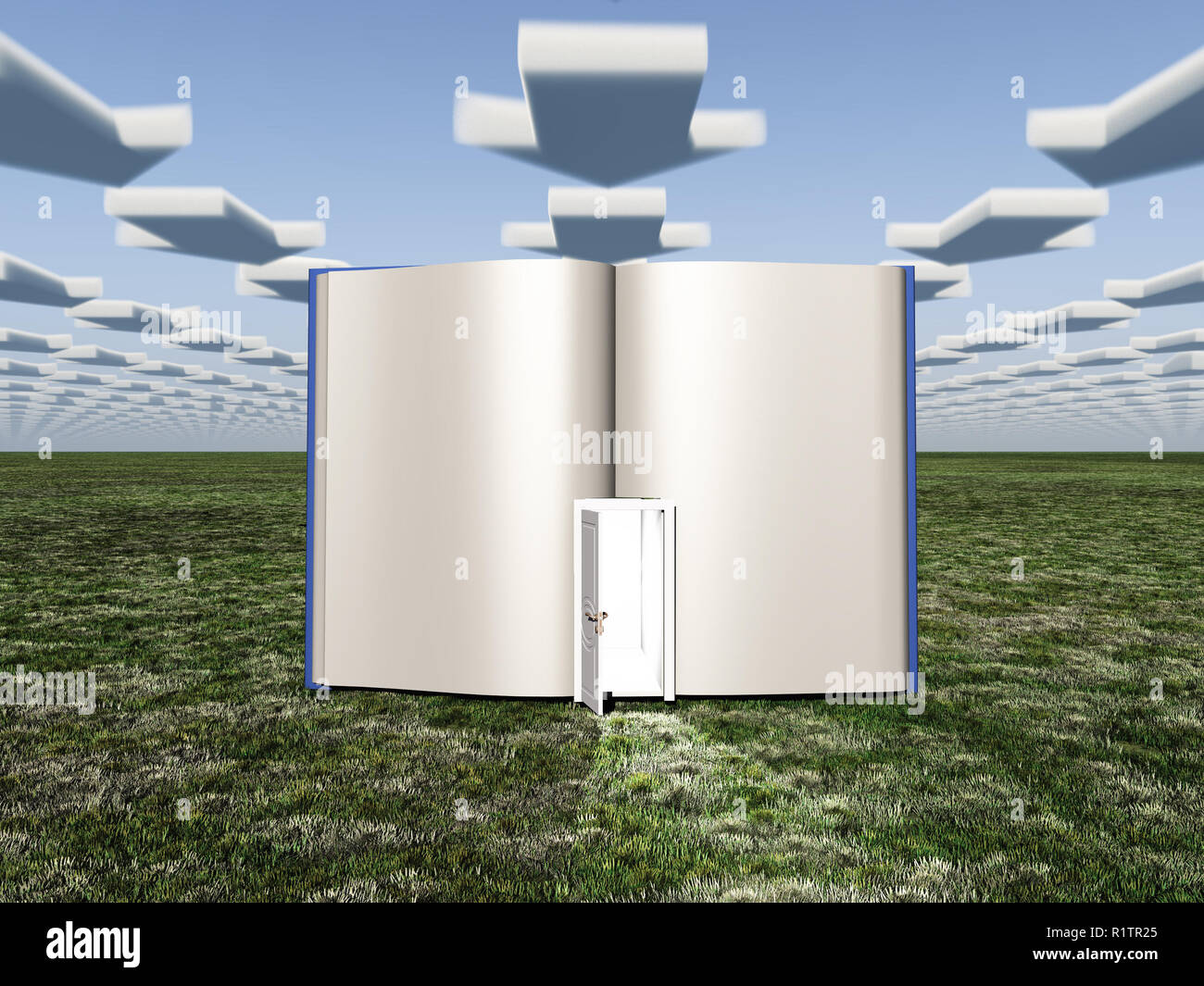 Surrealism. Book with opened door and clouds in arrow shape Stock Photo ...