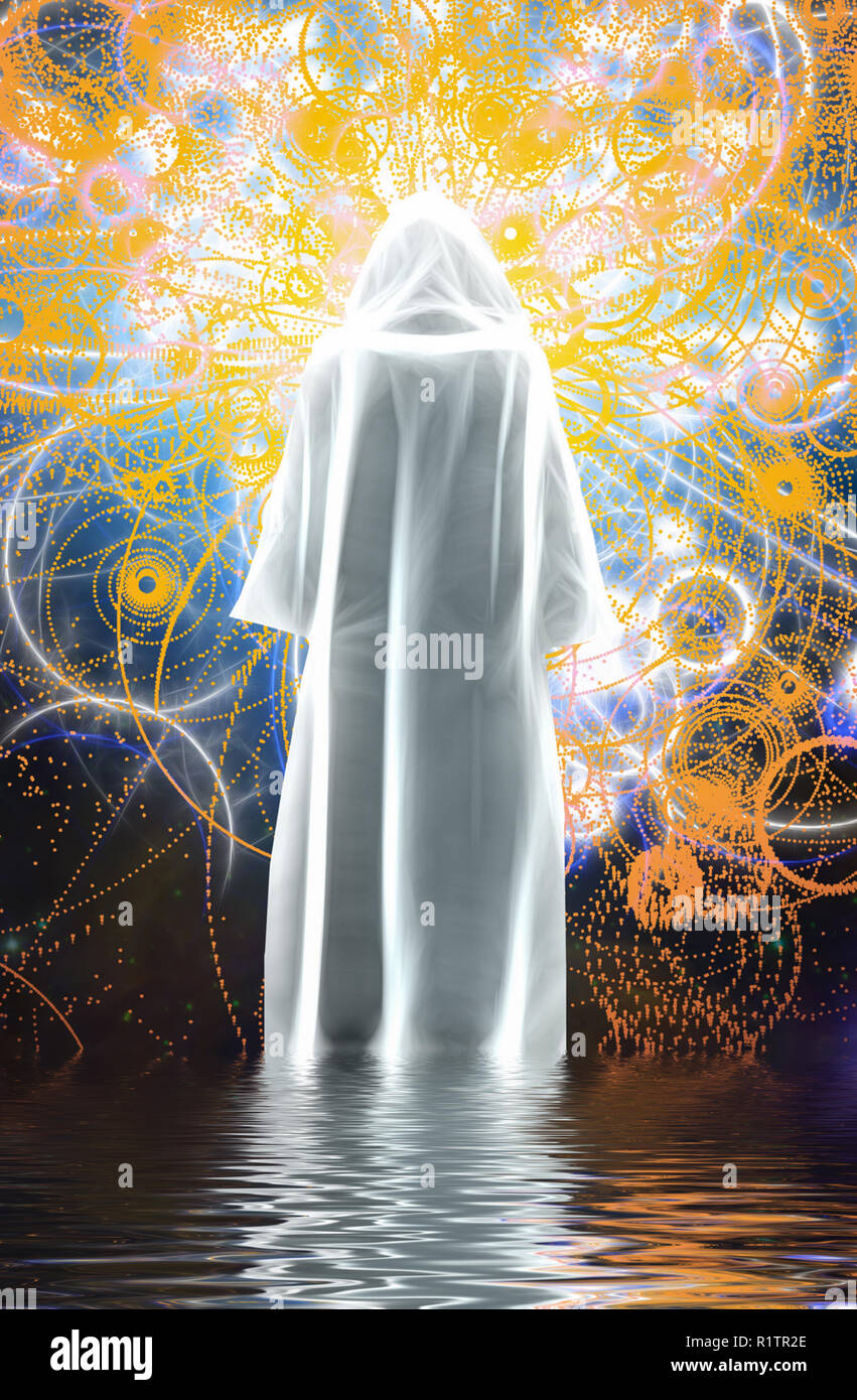 Figure in bright white cloak stands on water Stock Photo - Alamy