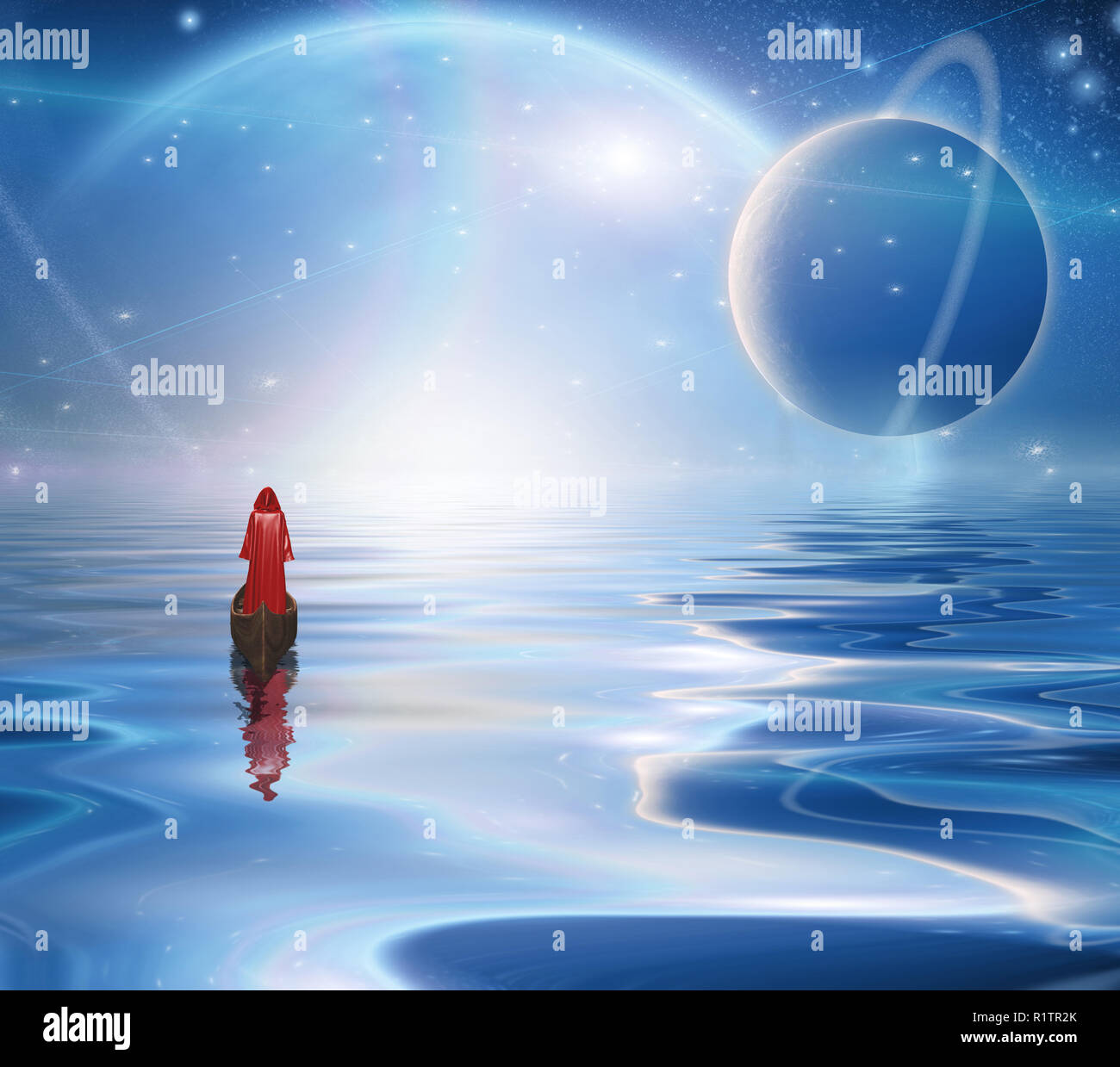 Exosolar Planets Rise over quiet waters. Figure in red cloak floats in ...