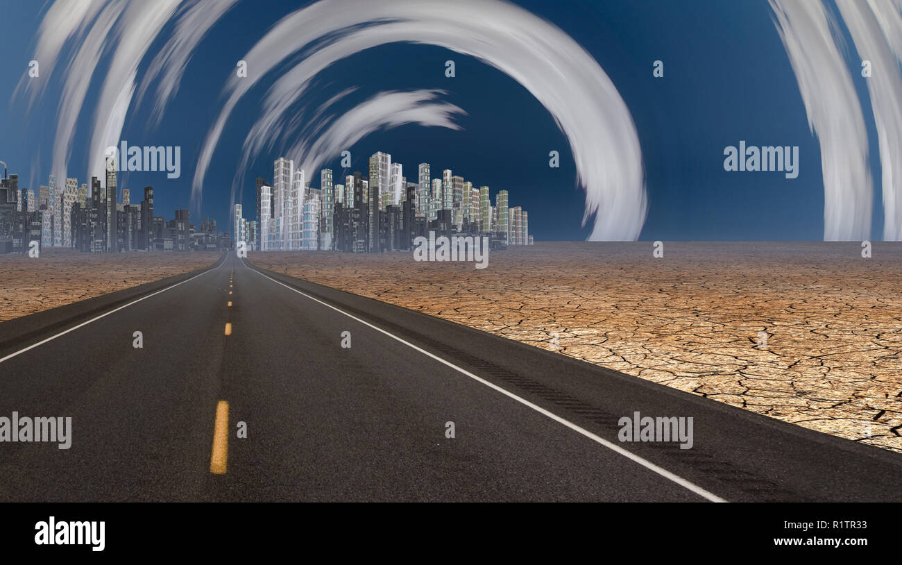 Surrealism. Road to the city lies through arid land Stock Photo - Alamy