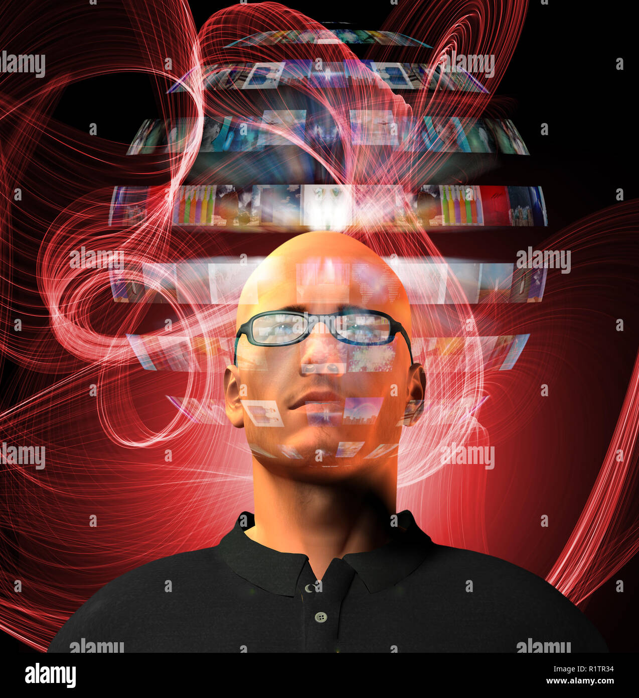 Man views video sphere surrounding his head. Red swirling lights ...