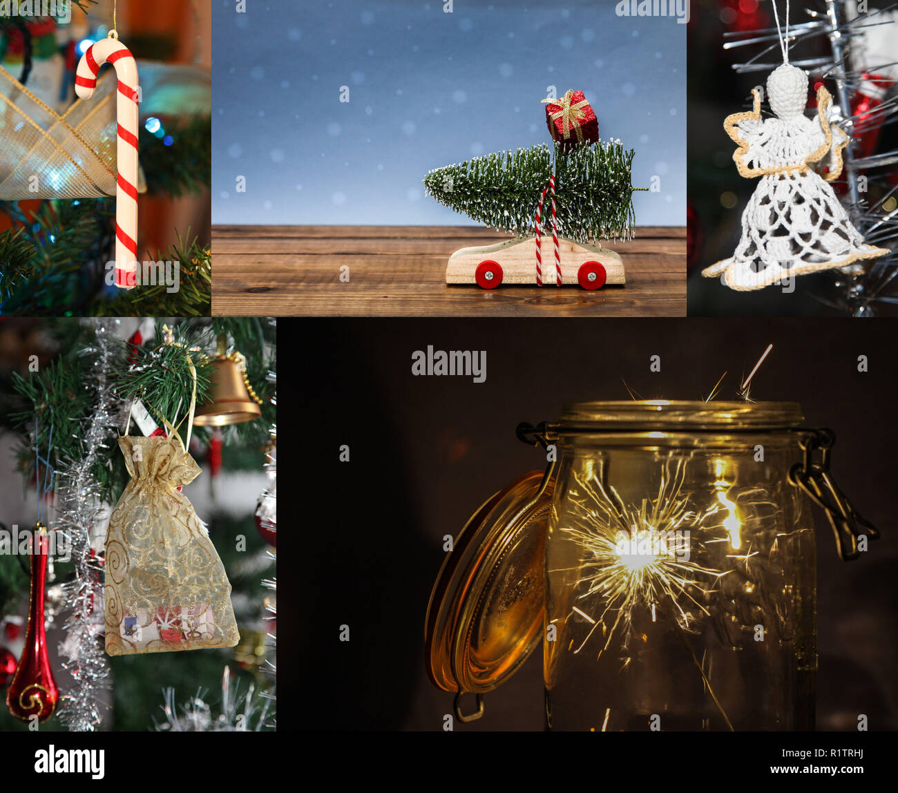 Christmas collage with five christmas theme images Stock Photo - Alamy