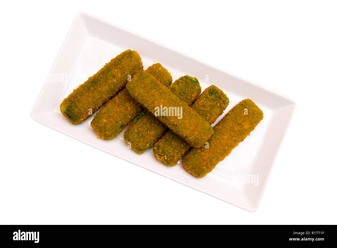 Spinach sticks on a tray on a white background seen from above Stock ...