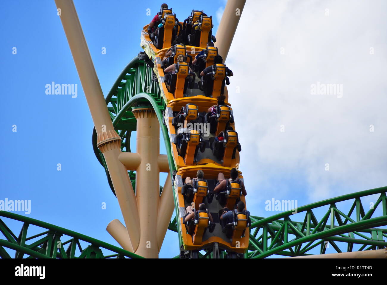 Tampa, Florida; September 29, 2018. Cheetah Hunt roller coaster ride in ...