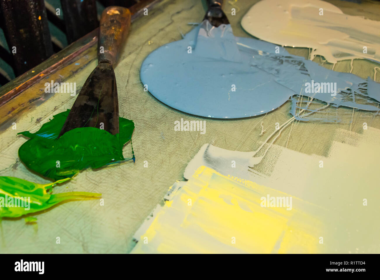 Green, blue and white colors on the color table Stock Photo - Alamy