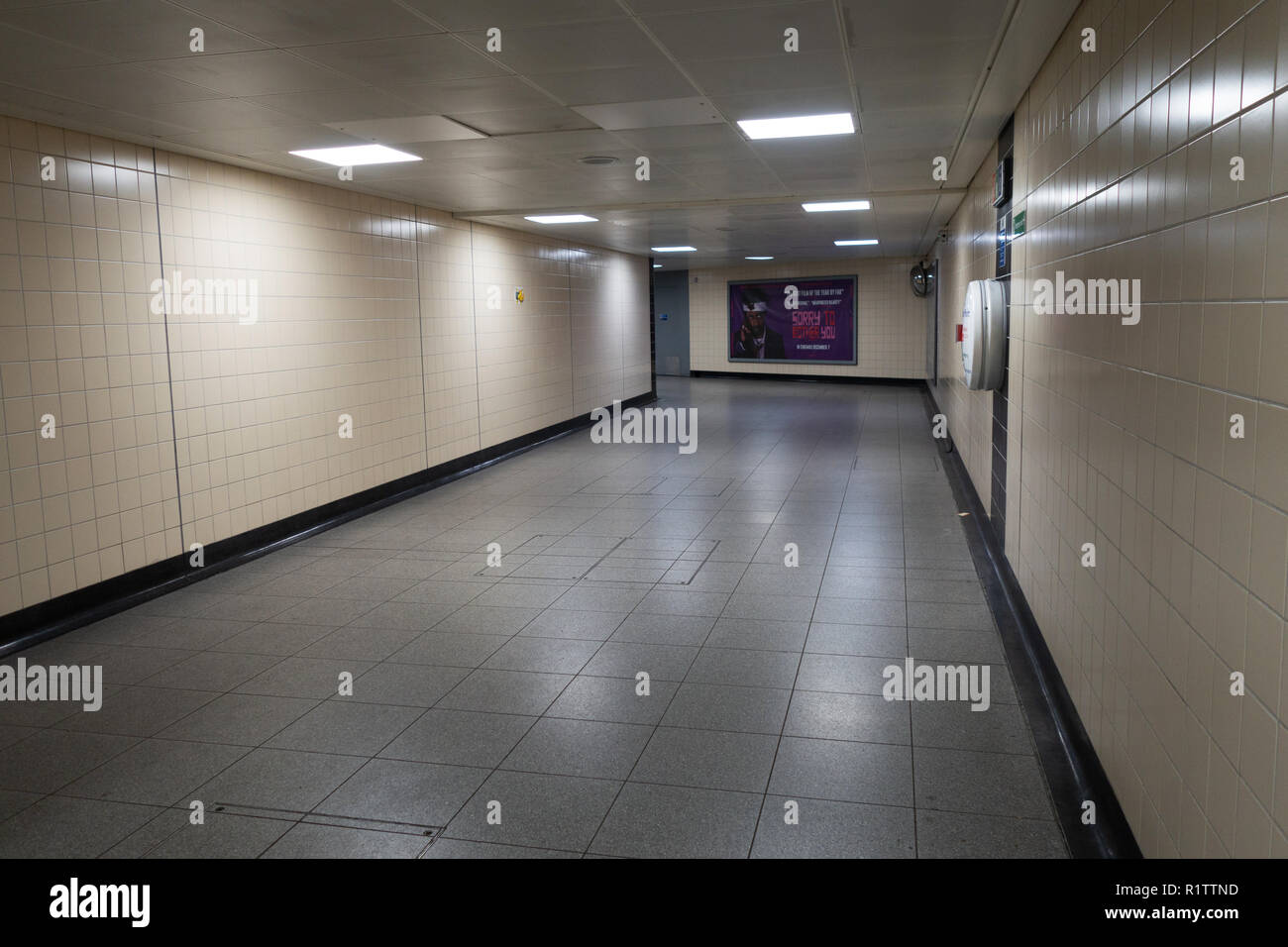 Totally empty London Underground Tube access passenger corridor tunnel ...