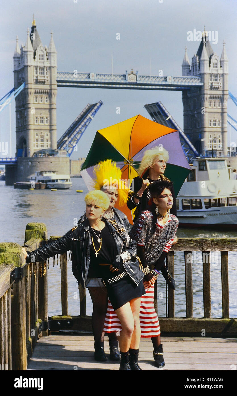 Female punks, Tower Bridge, London, England, UK. Circa 1980's Stock ...