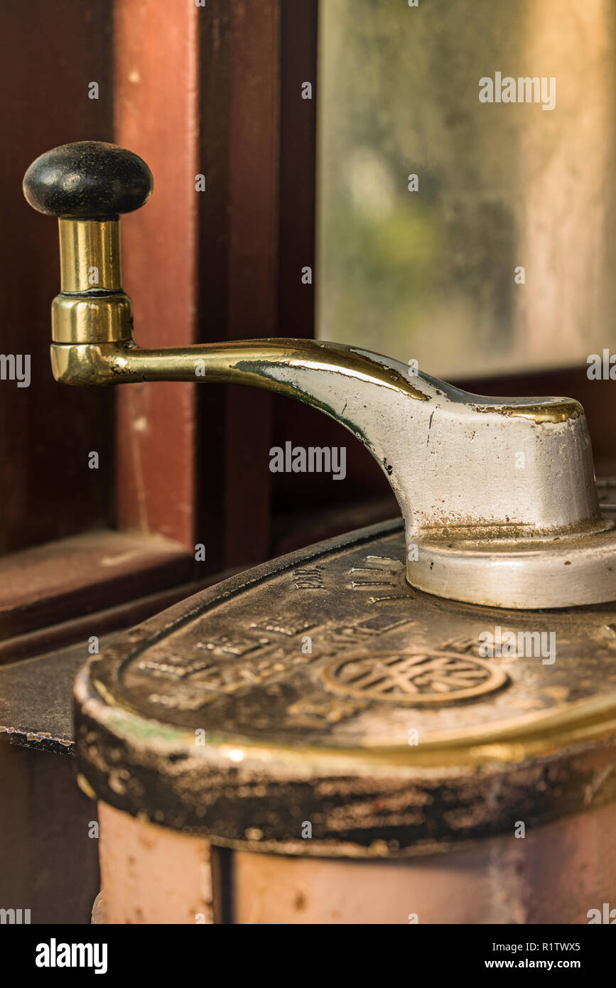 Golden and black handle of an old tramway in Asukayama Park in the Kita ...