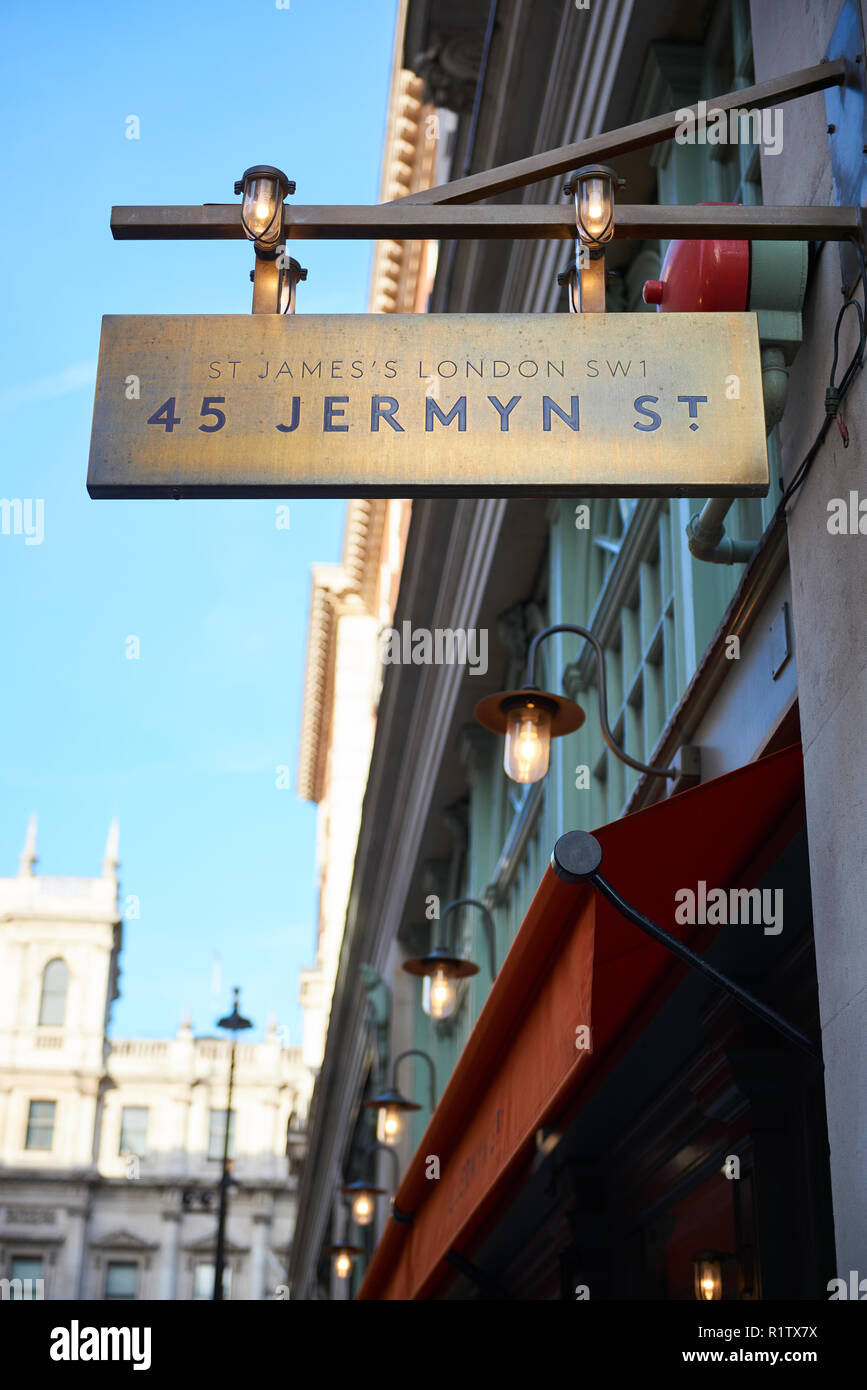 45 Jermyn Street restaurant sign at its entrance in Mayfair, London, UK ...