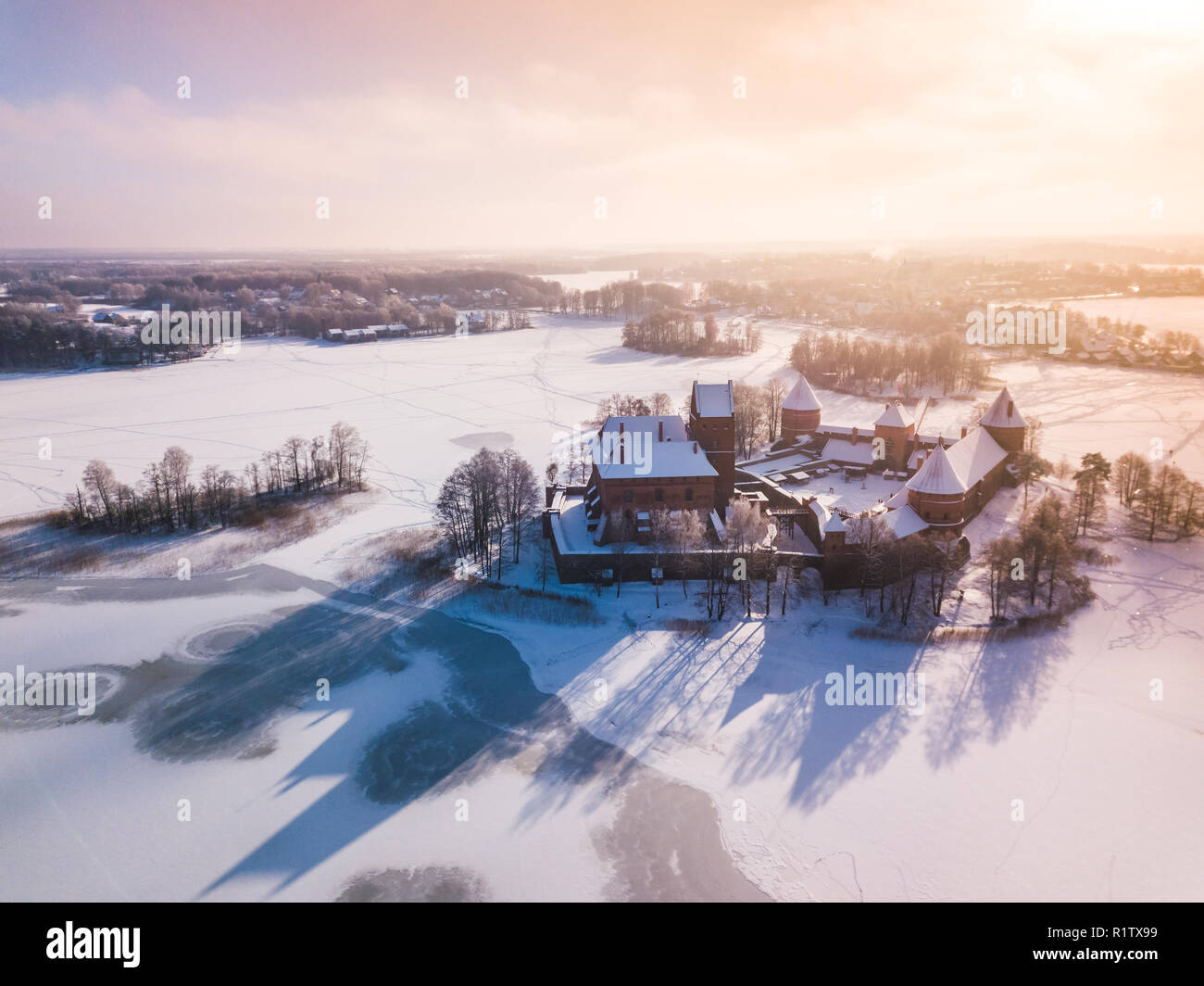 Trakai castle at winter, aerial view of the castle Stock Photo - Alamy