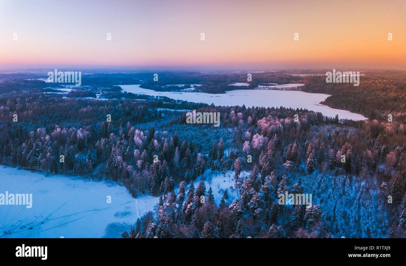 Aerial view of the winter snow covered forest and frozen lake from ...