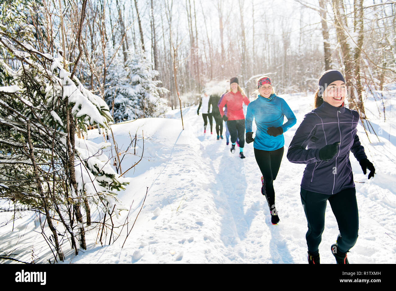 A Group of friends enjoying jogging in the snow in winter Stock Photo ...