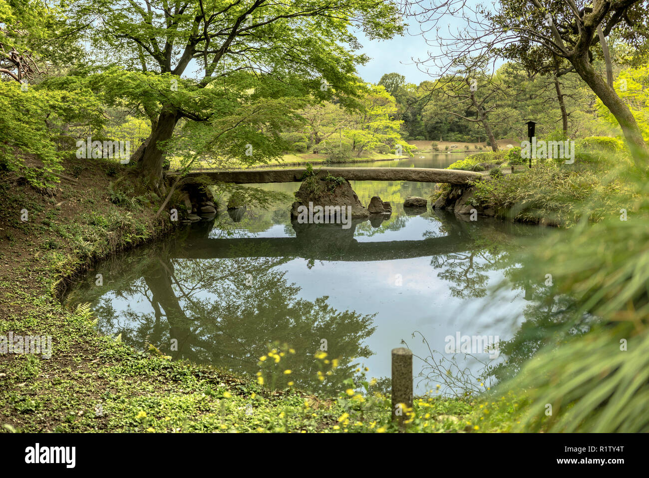 japanese Togetsu Stone bridge on the pond of Rikugien Park in Bunkyo ...