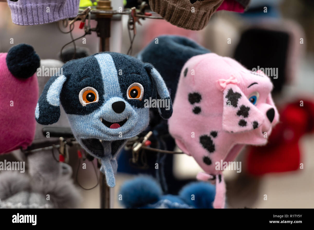 Colored knitted childrens hats with different animal faces Stock Photo ...