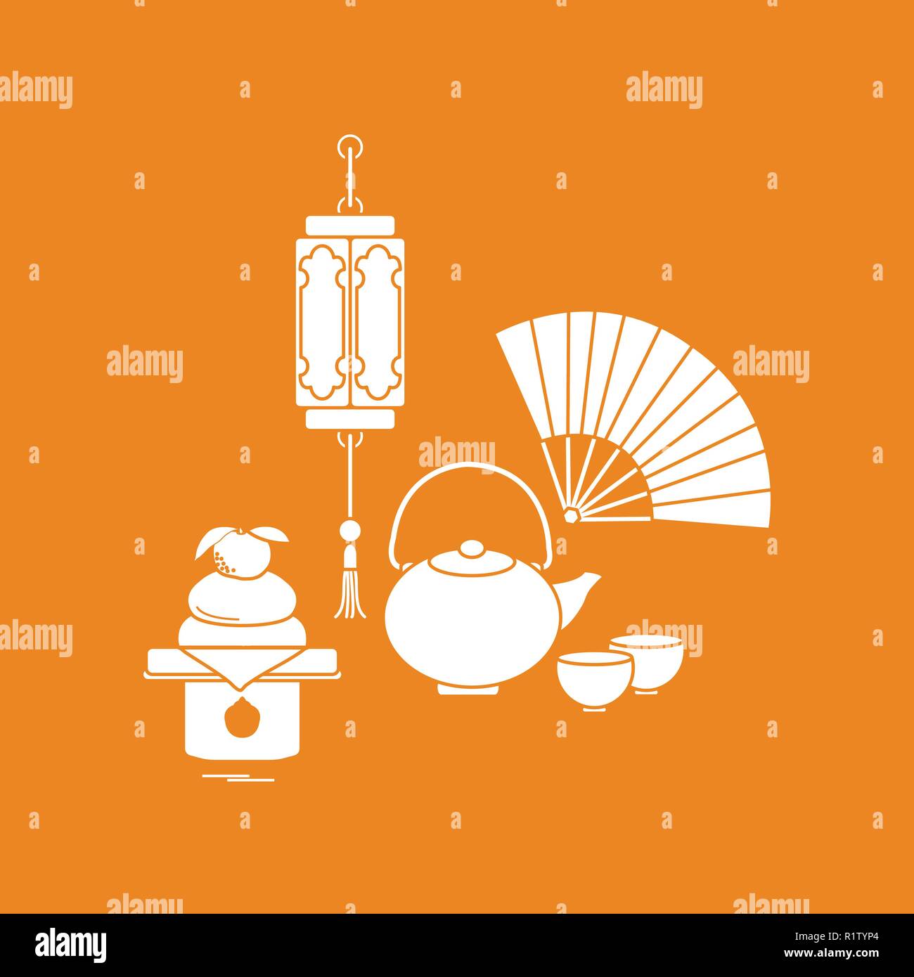 Eastern New Year symbols. Chinese lantern, kettle with two cups, fan ...