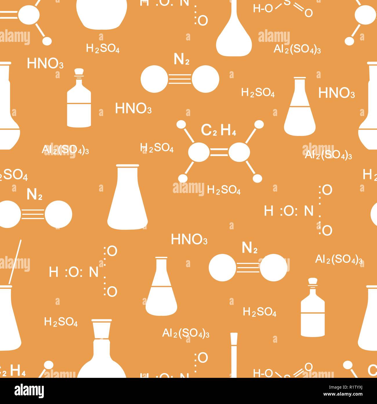 Scientific vector seamless pattern with flasks, beakers, molecule ...