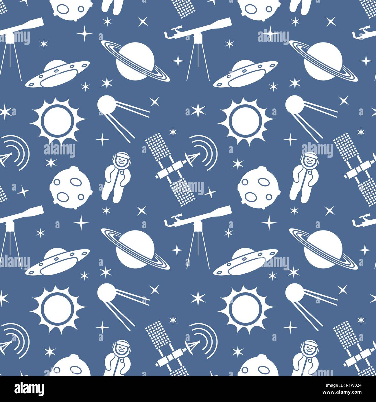 Seamless pattern with telescope, UFO, satellite, planets, astronaut ...