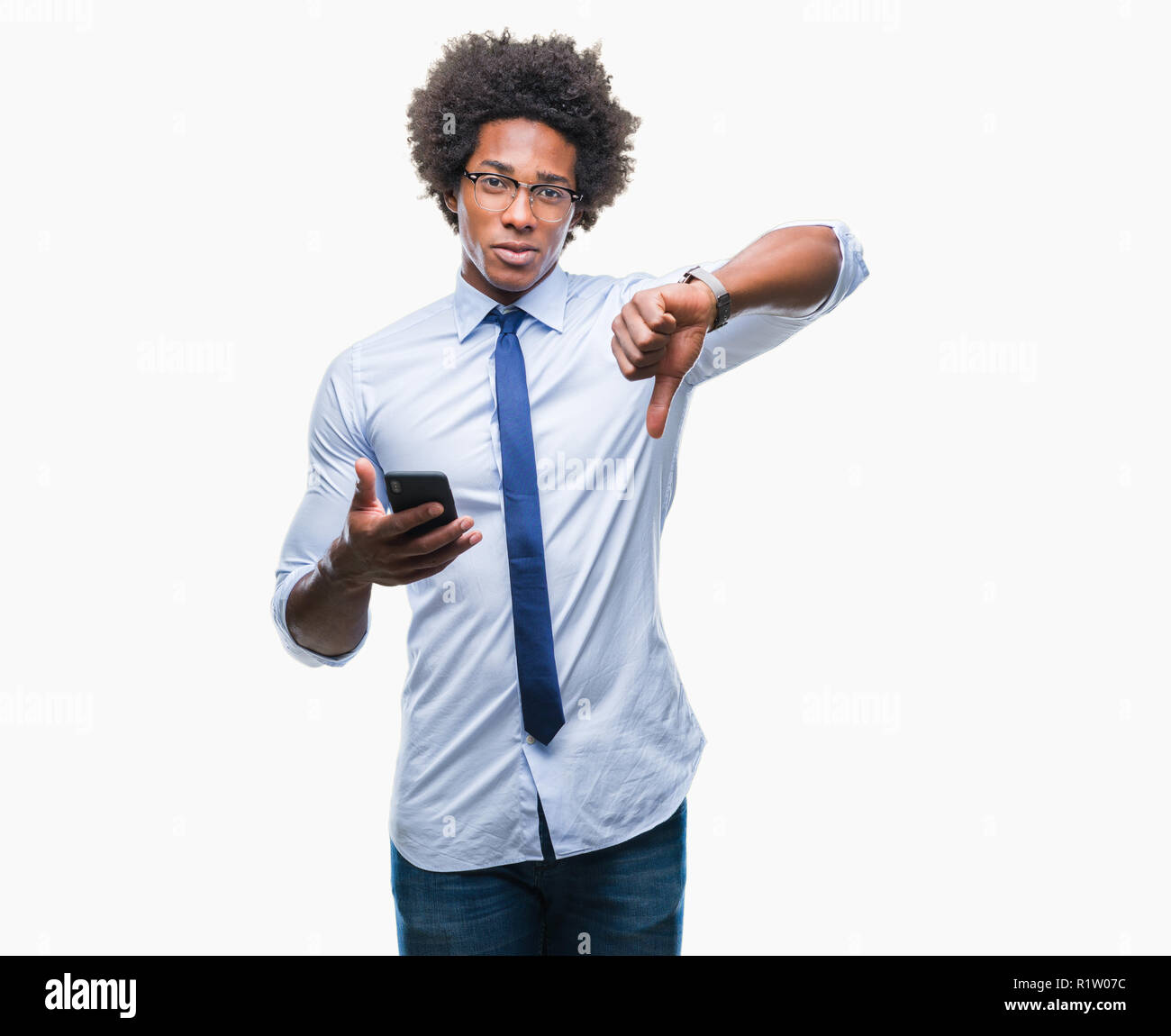 Afro american business man texting using smartphone over isolated ...