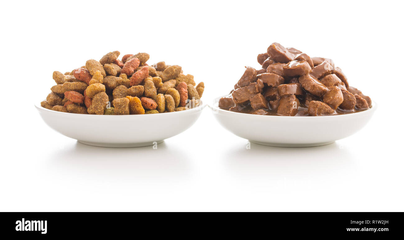 Meal for dog or cat. Canned meat with sauce and dry kibble food ...