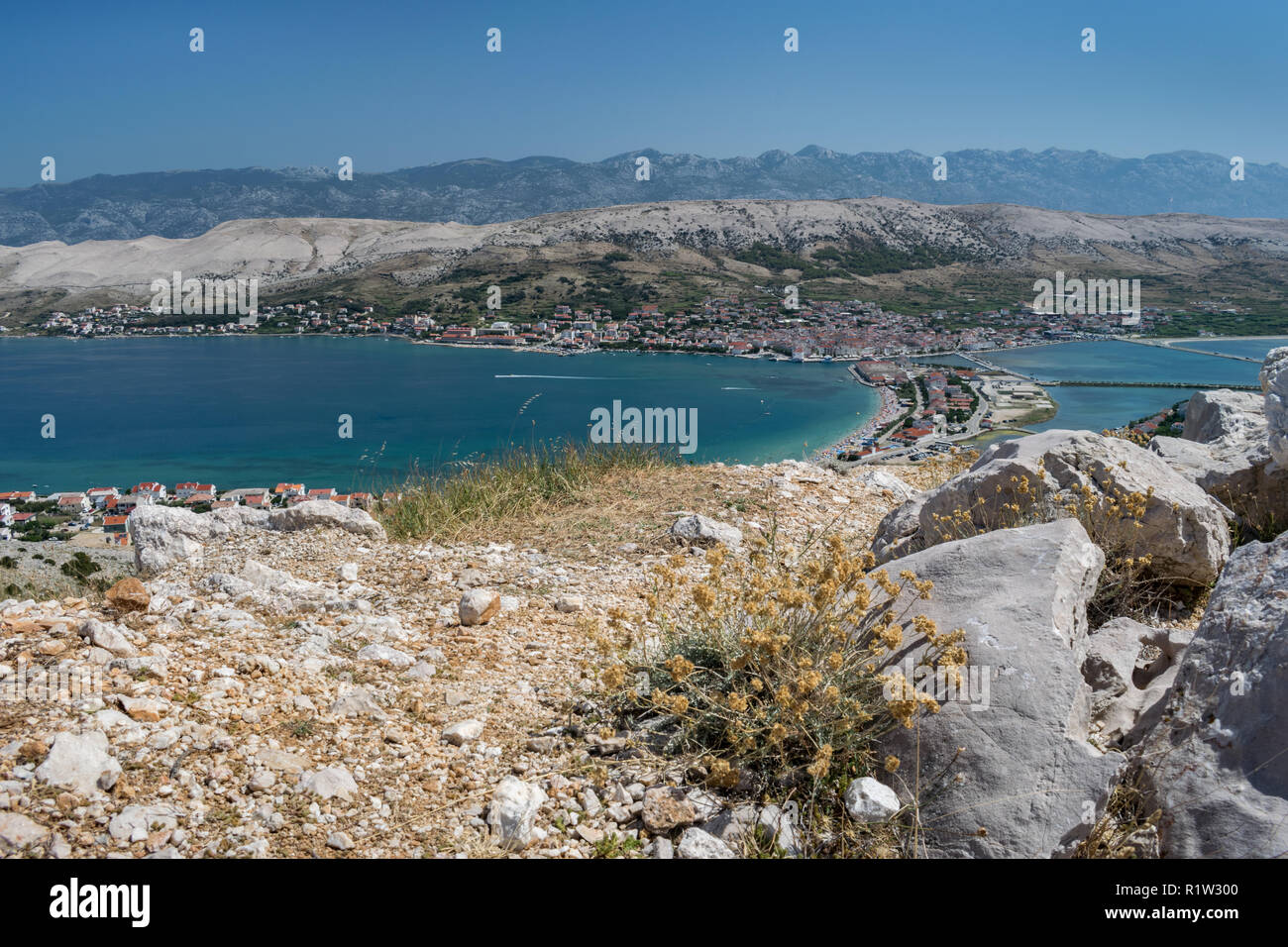 Scenic view of the Isle of Pag in Croatia. In the background the ...
