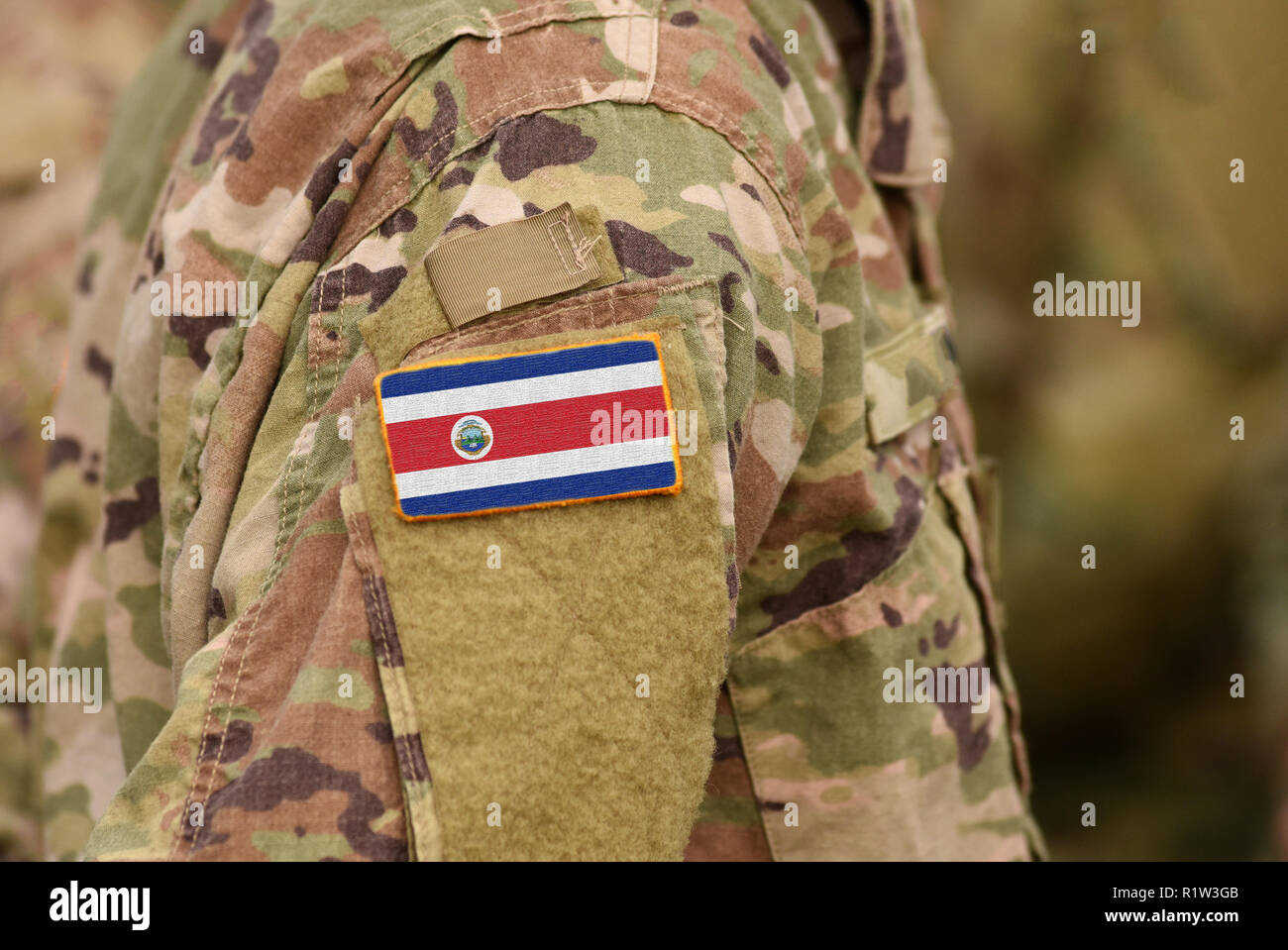 Costa Rica flag on soldiers arm. Republic of Costa Rica troops (collage ...