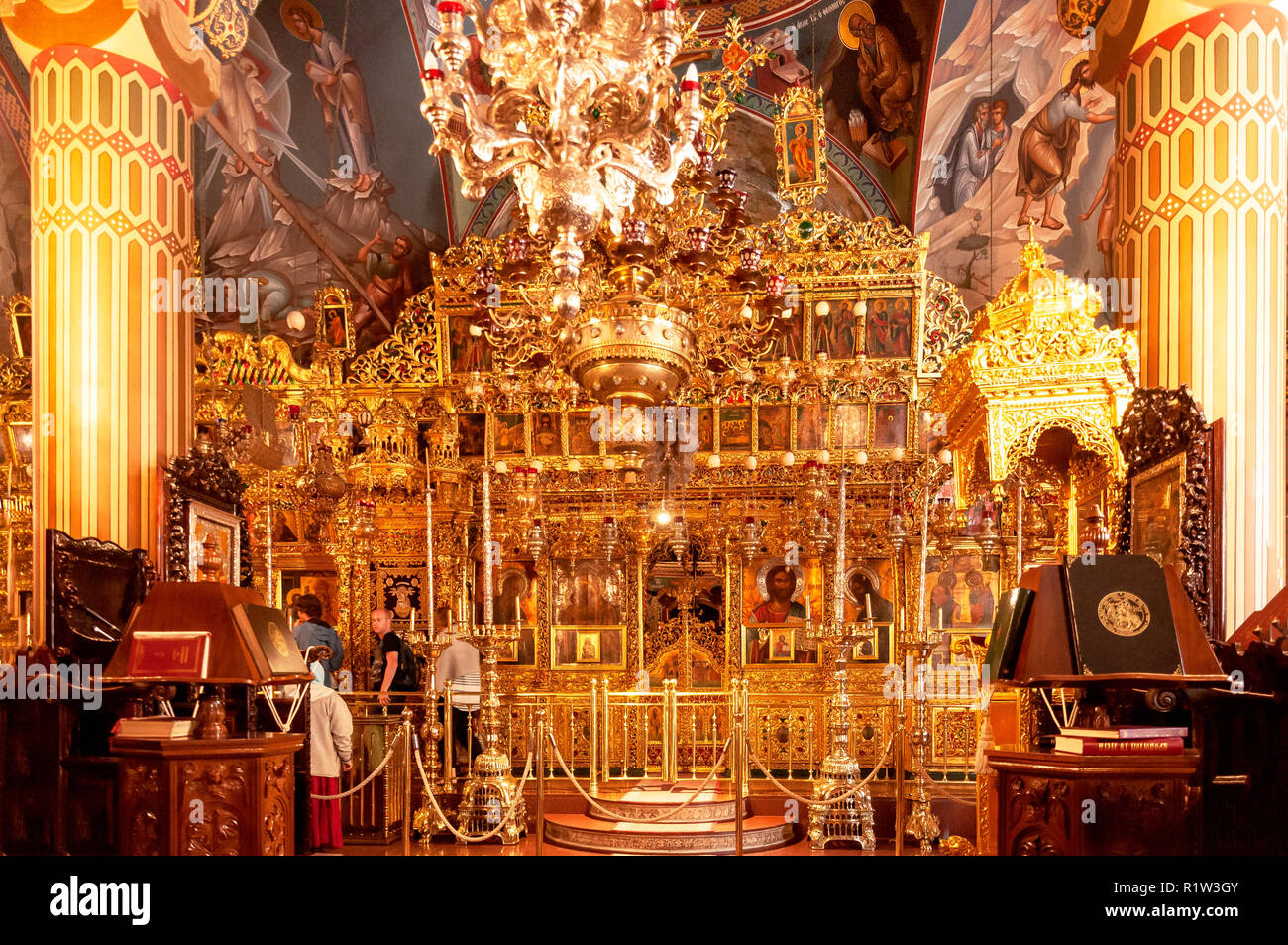 The ornate interior altar of the monastery church, Kykkos Monastery ...