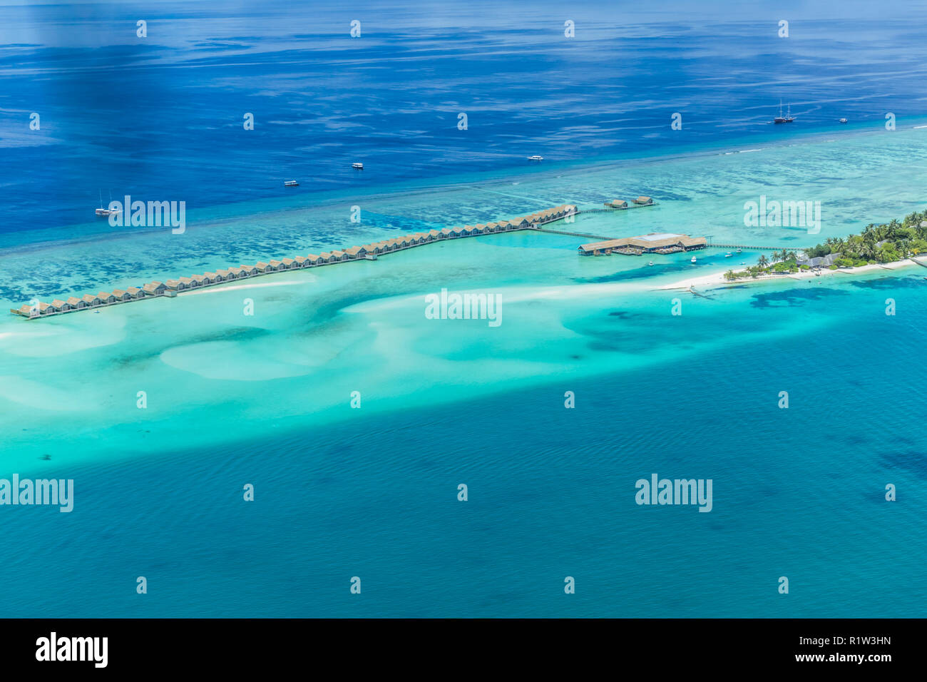 Group of atolls and islands in Maldives from aerial view. Beautiful ...