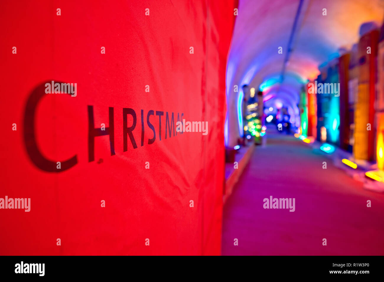 Zagreb advent christmas lights and red sign view, capital of Croatia ...